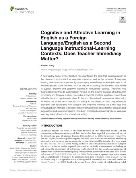 Pdf Cognitive And Affective Learning In English As A Foreign Languageenglish As A Second