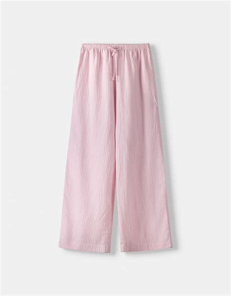 სწორი სტილის სელის შარვალი ელასტიური წელით ქალი Bershka