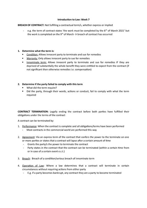 Law Week 8 Lecture Introduction To Tort Law Notes Introduction To Law Week 7 Breach Of