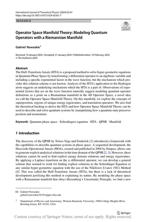 Pdf Operator Space Manifold Theory Modeling Quantum Operators With A Riemannian Manifold