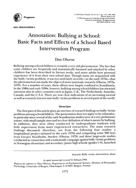 Pdf Bullying At School Basic Facts And Effects Of A School Based Intervention Program
