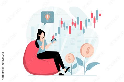 Stock Market Concept With People Scene In Flat Design Woman Makes Right Forecasting And