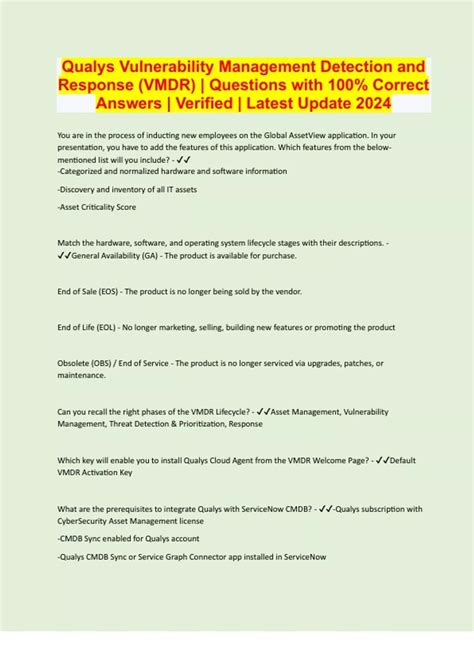 Qualys Vulnerability Management Detection And Response Vmdr Questions With 100 Correct