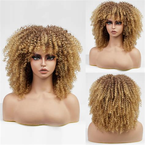 Haircube Ombre Blonde Curly Wigs For Black Women Kinky Curly Wig With Bangs 14 Inch