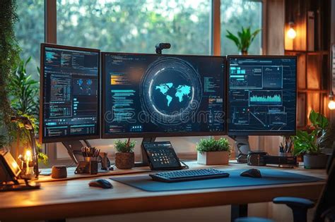 a professional workspace with multiple monitors displaying global data