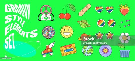 복고풍 그루비 스타일의 디자인 요소 세트 사이키델릭 히피 만화 배지 컬렉션 빈티지 히피 미친 다양 한 요소 스티커 팩 추상 60 년대 70 년대 80 년대 트렌디 한 스타일