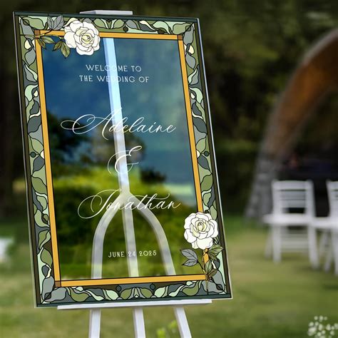 Stained Glass Wedding Sign White Roses Acrylic Wedding Welcome Sign