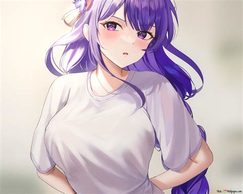 Raiden Shogun Sexy Look With Single Tshirt Genshin Impact 2K Wallpaper Download