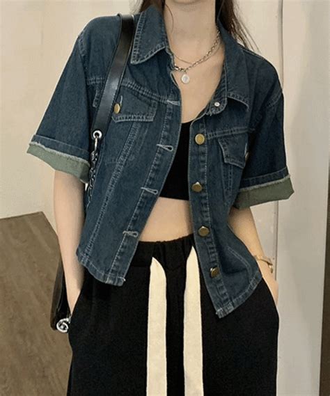 L~4xl 여름 빈티지 루즈핏 크롭 반소매 롤업 청자켓