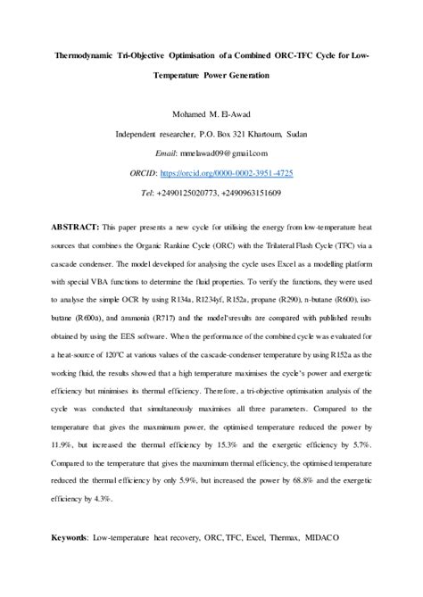 Pdf Thermodynamic Tri Objective Optimisation Of A Combined Orc Tfc Cycle For Low Temperature
