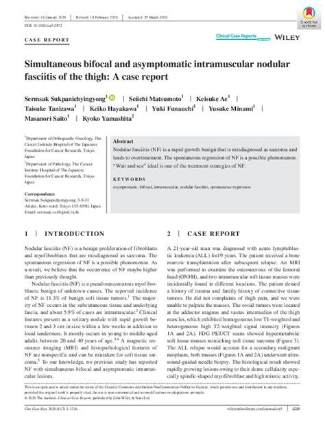 Pdf Simultaneous Bifocal And Asymptomatic Intramuscular Nodular Fasciitis Of The Thigh A Case