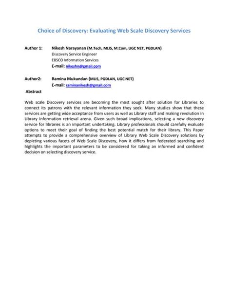 Evaluation Of Web Scale Discovery Services Pdf
