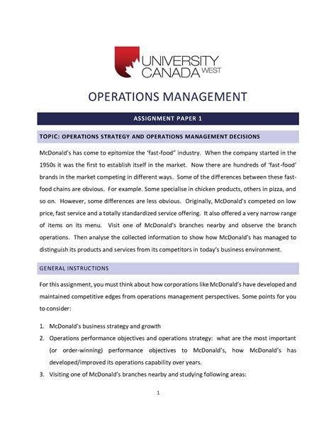 Assignment 1 Operations Strategy 2022 1 Operations Management