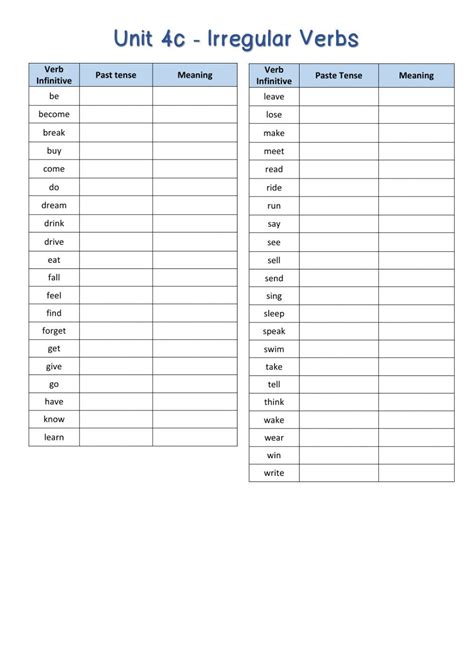 Verbs Lessons Worksheets Irregular Past Tense Verbs Verbs List Verb