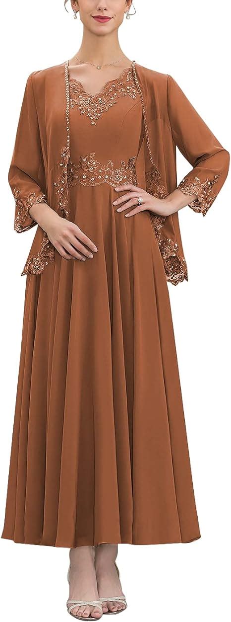 Two Piece Chiffon Mother Of The Bride Dress Long Lace Evening Formal Gowns For Women 2021 Burnt
