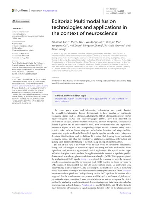 PDF Editorial Multimodal Fusion Technologies And Applications In The Context Of Neuroscience