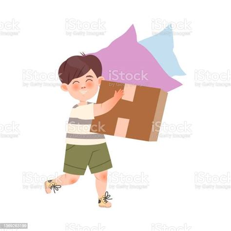 베개가 달린 골판지 상자를 들고 있는 귀여운 소년 새 아파트 만화 벡터 일러스트레이션으로 이사하는 가족 벡터에 대한 스톡 벡터