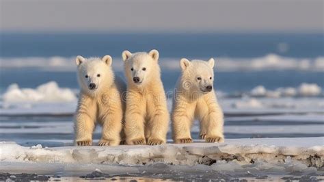 Three Adorable Polar Bear Cubs Stand On Melting Ice Floe Facing Different Directions Stock