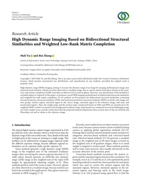 Pdf High Dynamic Range Imaging Based On Bidirectional Structural Similarities And Weighted Low