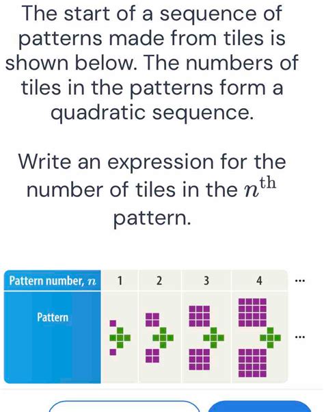 Solved The Start Of A Sequence Of Patterns Made From Tiles Is Shown Below The Numbers Of Tile