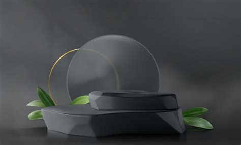 유리와 초록색 잎이 있는 검은색 3d 제품 포디움 천연품 디스플레이를 위한 연기와 벽이 있는 기하학적 바위 플랫폼 화장품 및