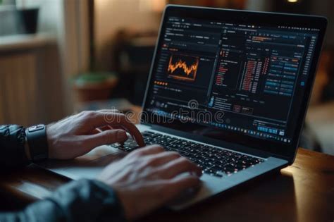 Software Engineer Programming And Analyzing Code And Graphs On Laptop At Night Stock Image