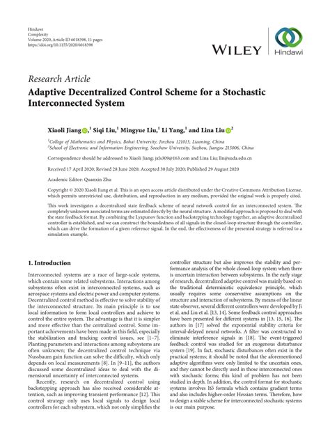 Pdf Adaptive Decentralized Control Scheme For A Stochastic Interconnected System