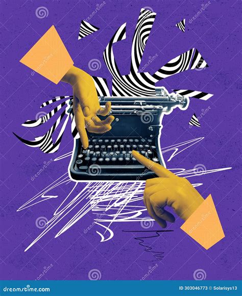 Pop Art Collage Female Hand Typing On Retro Typewriter Over Creative