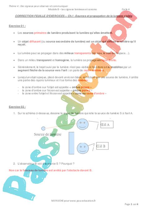 Sources Et Propagation De La Lumière Visible Exercices Avec Les