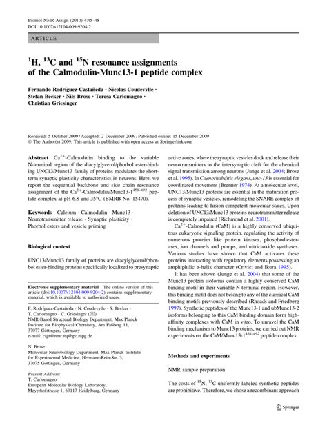 Pdf H C And N Resonance Assignments Of The Calmodulin Munc13 1 Peptide Complex