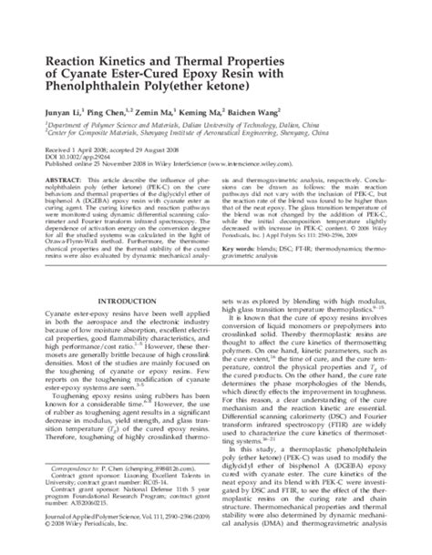 Pdf Reaction Kinetics And Thermal Properties Of Cyanate Ester Cured Epoxy Resin With