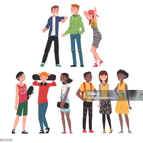 행복한 청소년 세트 쾌활한 십대 소년과 길러 착용 유행 옷 행복한 학생 동급생 또는 친구 긍정적 인 캐릭터 만화 스타일 벡터 일러스트 벡터에 대한 스톡 벡터 아트 및 기타