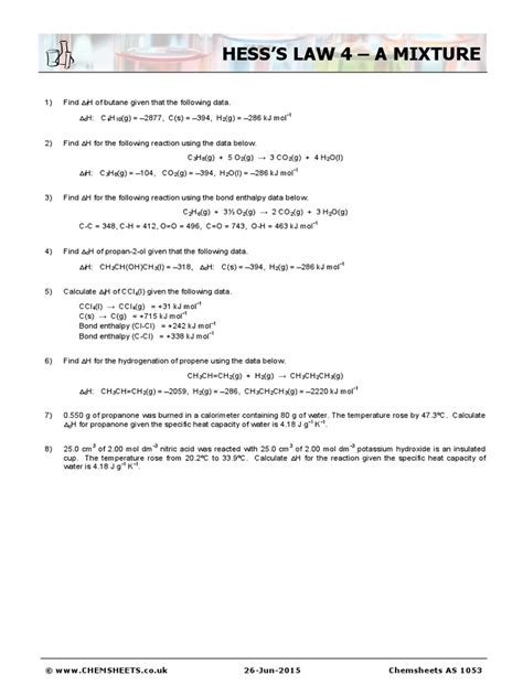 Chemsheets As 1053 Hess Law 4 Mixture Pdf Properties Of Water
