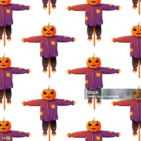 만화 스타일의 호박 머리를 가진 허수아비 캐릭터 벽지와 직물을 위한 이음새가 없는 본 디자인 허수아비 할로윈 수확에서 새를 겁주어 쫓아내십시오 흰색 배경에 벡터 그림 10