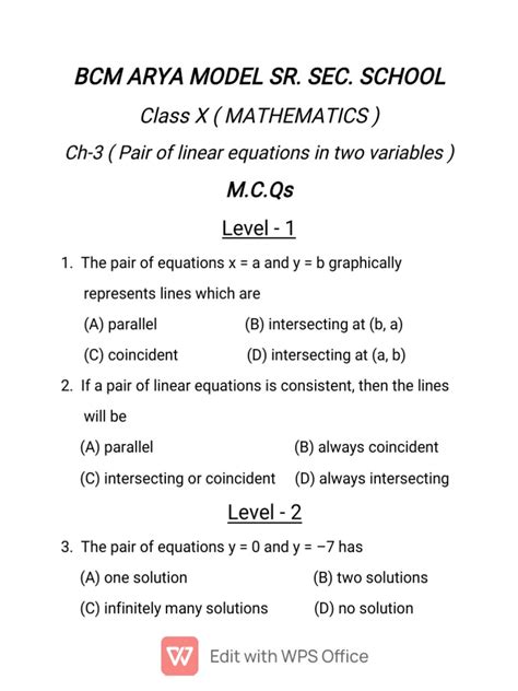 Linear Equation Ch3 Class 10 Worksheet Pdf Equations System Of Linear Equations