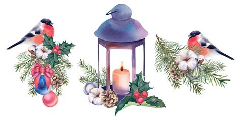 Bullfinch 겨우살이 면화 포인세티아 전나무 가지 랜턴 크리스마스 공을 사용한 크리스마스 작곡 세트 수채화 그림입니다 새해와 크리스마스 가정 장식 0명에 대한 스톡