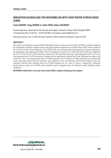 Pdf Irrigation Scheduling For Watermelon With Crop Water Stress Index Cwsi