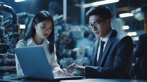 A Man And Woman Are Looking At A Laptop Computer Premium Ai Generated Image