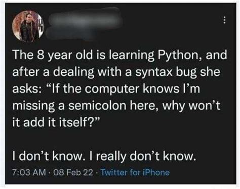 The 8 Year Old Is Learning Python And After A Dealing With A Syntax Bug She Asks If The