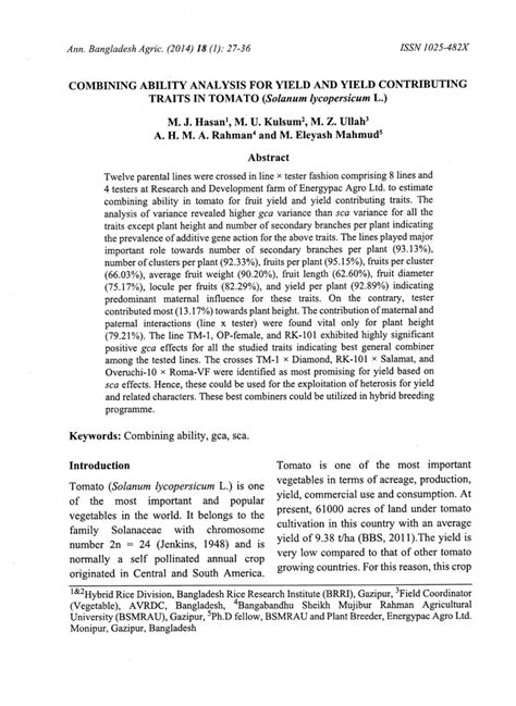 Pdf Combining Ability Analysis For Yield And Yield Contributing Traits In Tomato Solanum
