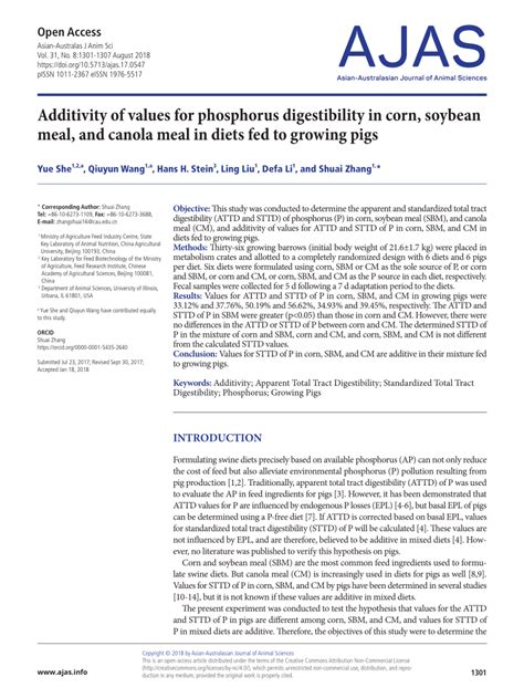 Pdf Additivity Of Values For Phosphorus Digestibility In Corn