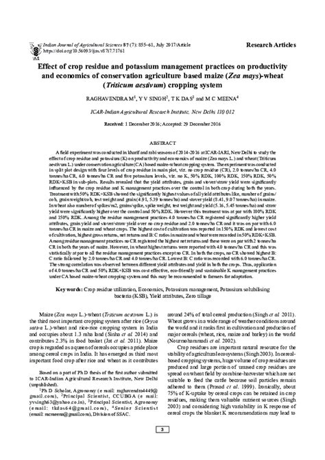 Pdf Effect Of Crop Residue And Potassium Management Practices On Productivity And Economics Of