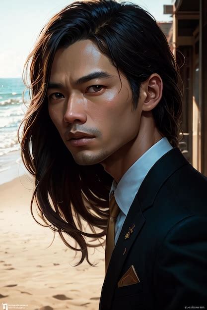 Premium Ai Image A Man With Long Hair And A Suit Stands In Front Of A