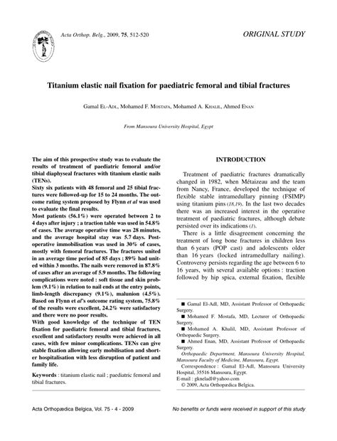 Pdf Titanium Elastic Nail Fixation For Paediatric Femoral And Tibial Fractures