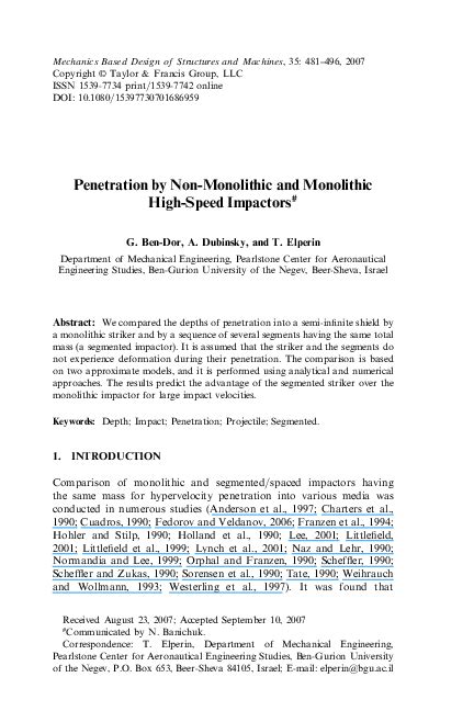 Pdf Penetration By Non Monolithic And Monolithic High Speed Impactors