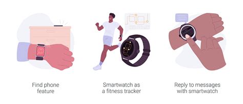 스마트 워치는 고립 된 만화 벡터 일러스트 레이 션 세트를 특징으로합니다 가공의 인물에 대한 스톡 벡터 아트 및 기타 이미지
