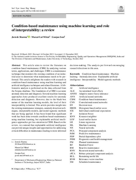 Pdf Condition Based Maintenance Using Machine Learning And Role Of Interpretability A Review