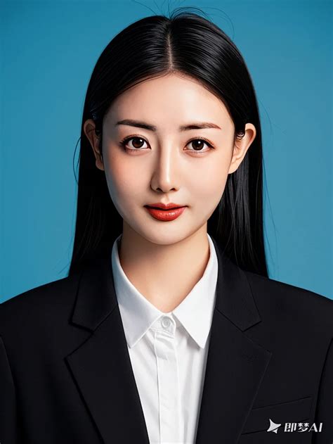 一中国女孩，证件照，正式黑色西装，白衬衫，蓝色背景，正面照r 24 花瓣网