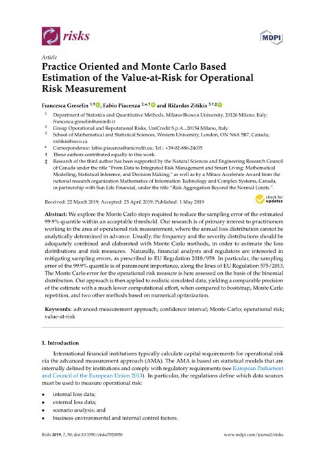 PDF Practice Oriented And Monte Carlo Based Estimation Of The Value At Risk For Operational