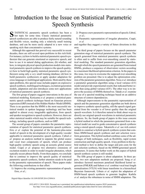 Pdf Introduction To The Issue On Statistical Parametric Speech Synthesis